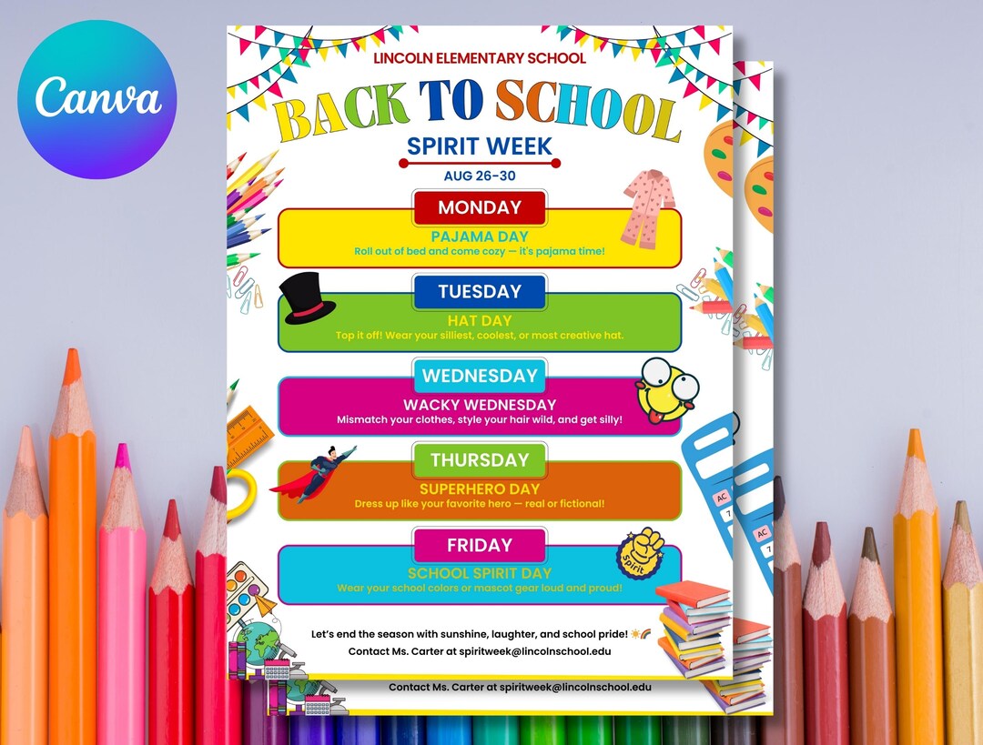 Editable Back to School Spirit Week Flyer: Printable Canva Template ...