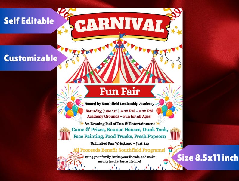 Carnival Fun Fair Flyer Template: Editable School Festival Poster ...
