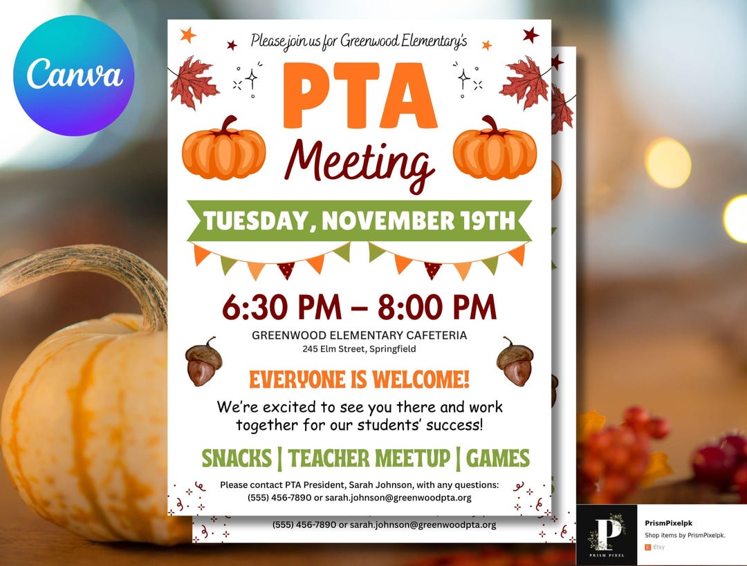 Editable PTA Meeting Flyer Template: School Event Announcement (canva ...