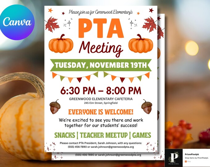 Editable PTA PTO Meeting Flyer | Canva Parent Group Invitation Template ...