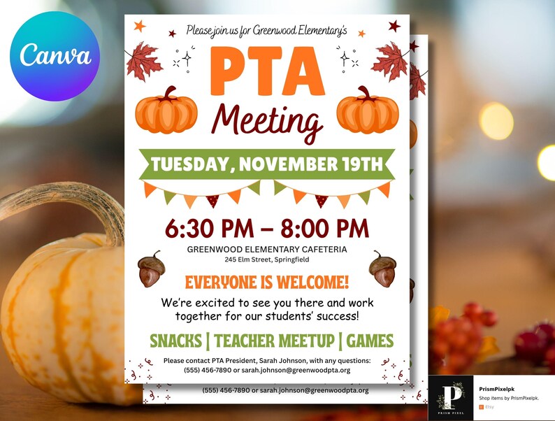 Editable PTA Meeting Flyer Template: School Event Announcement (canva ...