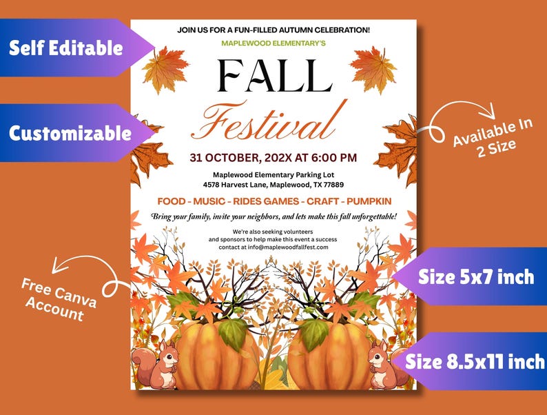 Editable Fall Festival Flyer Template | Autumn School Event (canva) - Etsy