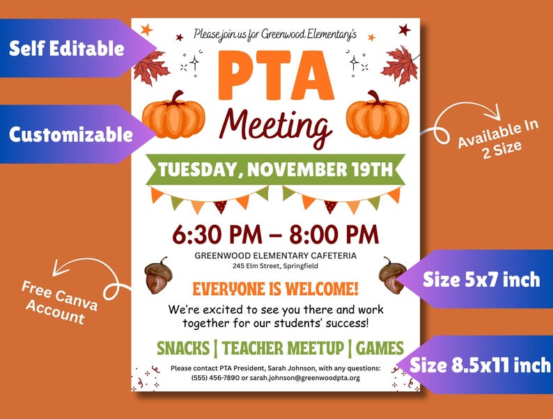 Editable PTA Meeting Flyer Template: School Event Announcement (canva ...