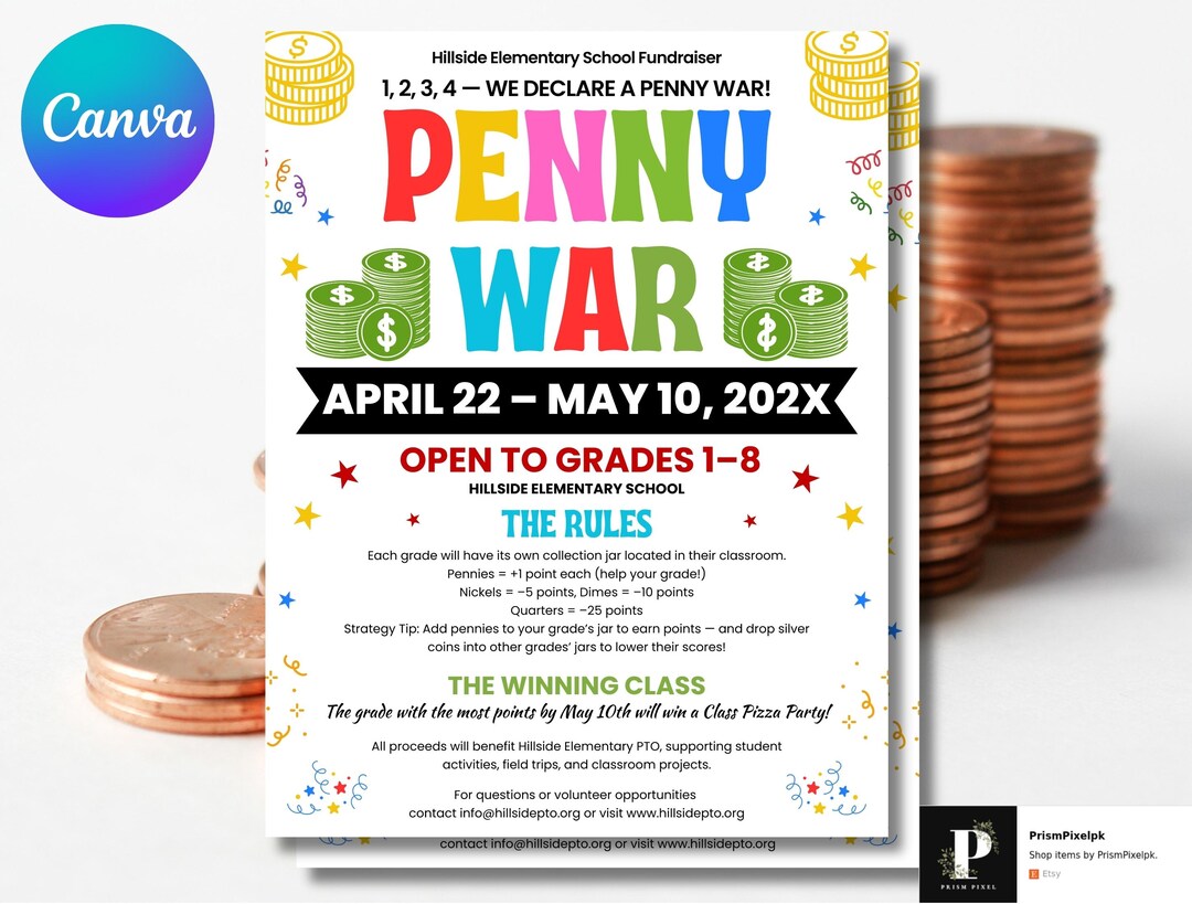 Penny War Flyer Template: School Fundraiser, Coin Drive (canva Editable ...