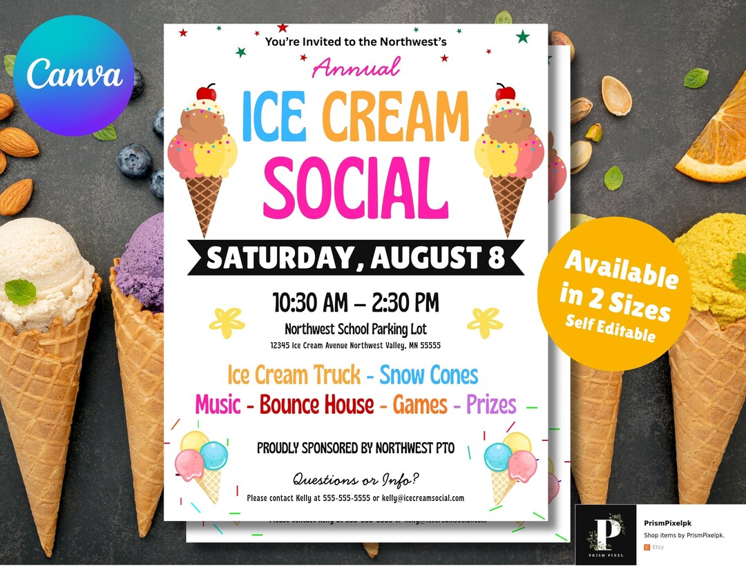 Editable Ice Cream Social Party Flyer | School Fundraiser Invite (canva ...