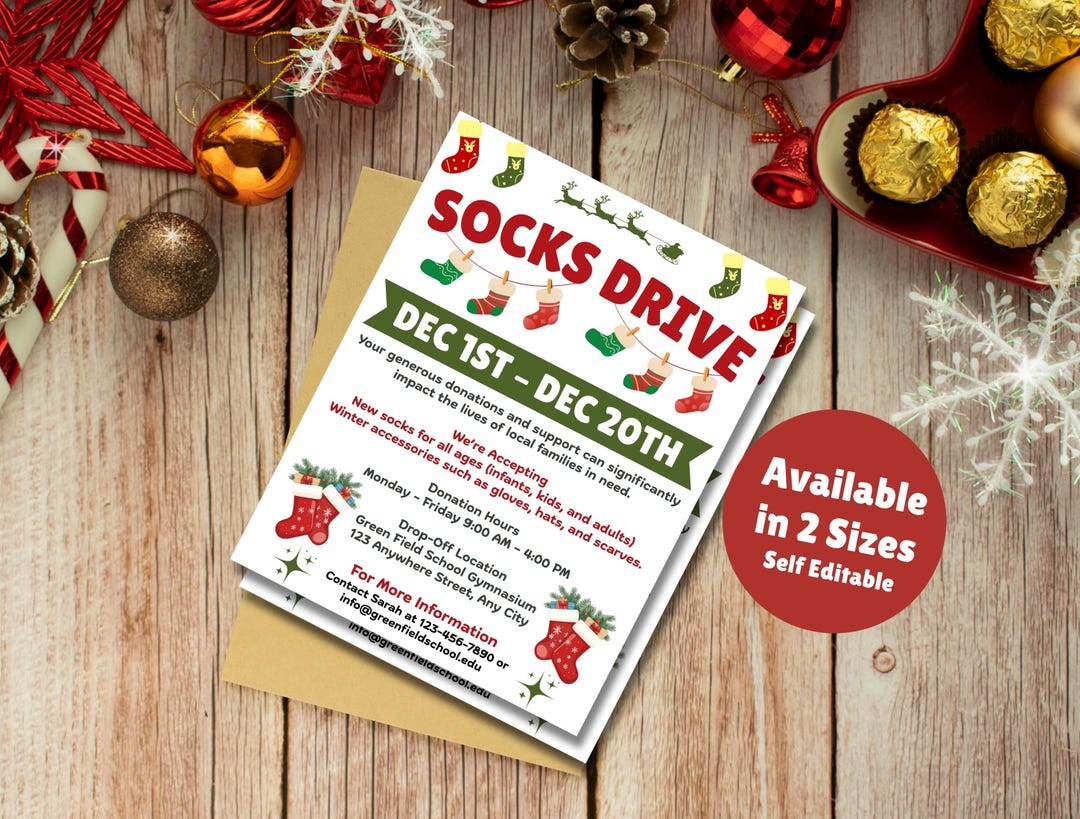 Editable Christmas Sock Drive Flyer, Winter Charity Template (canva) - Etsy