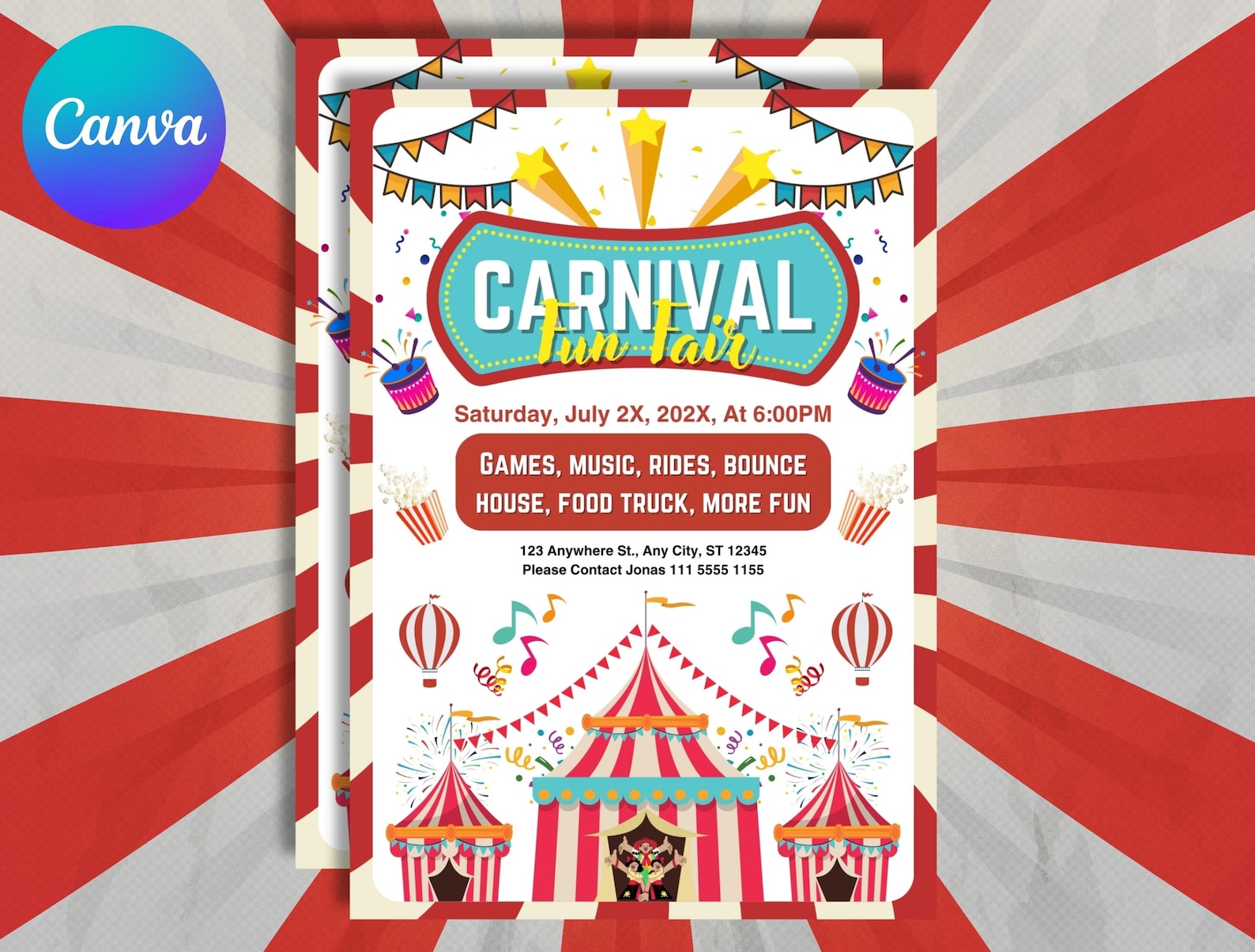Editable Carnival Fun Fair Flyer | Cream & Red Canva Template ...