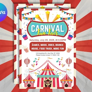 Editable Carnival Fun Fair Flyer | Cream & Red Canva Template ...