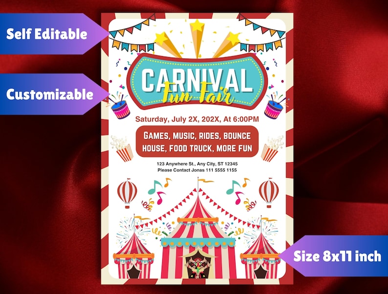 Editable Carnival Fun Fair Flyer | Cream & Red Canva Template ...