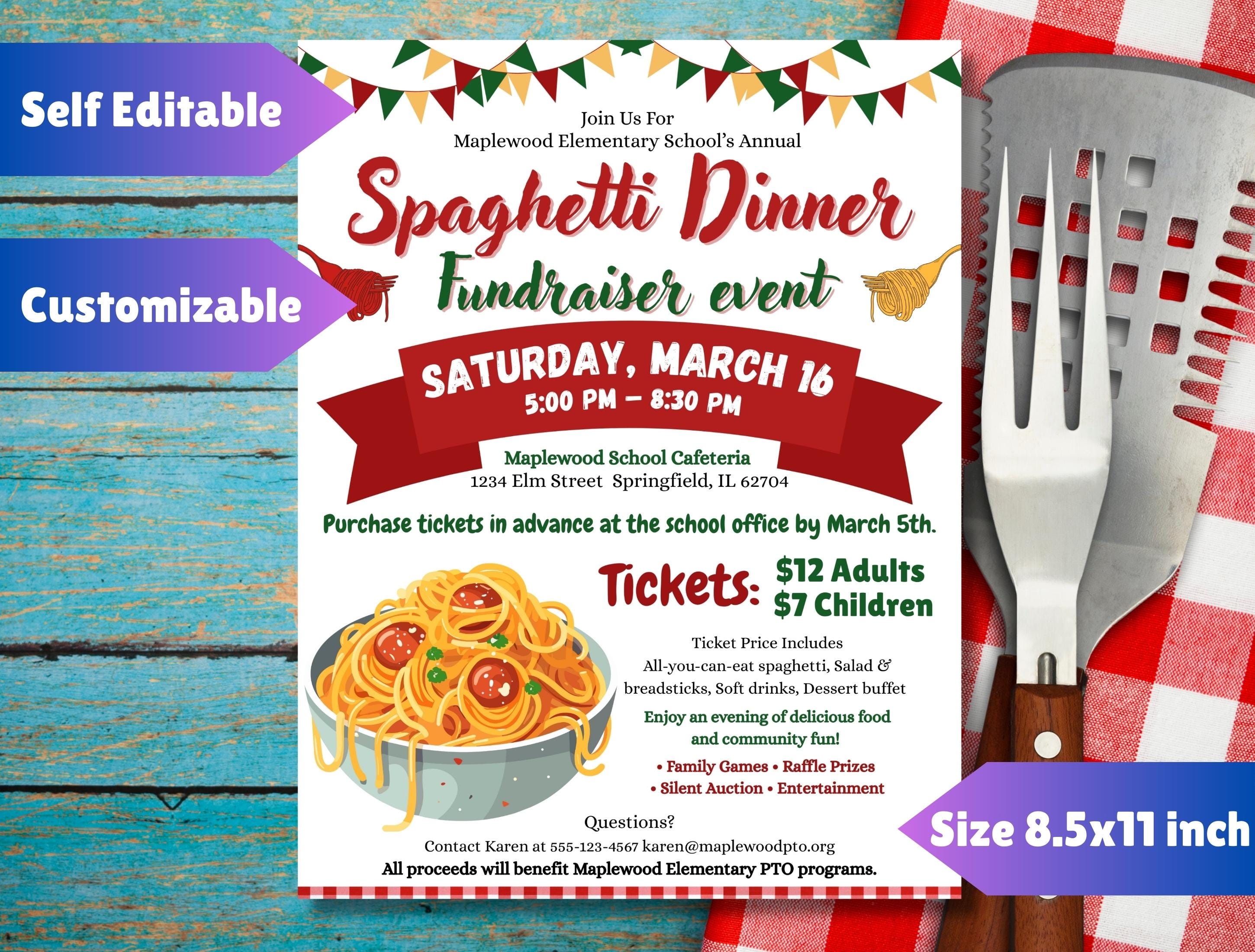 Spaghetti Dinner Fundraiser Flyer: Editable Pasta Night Invitation ...