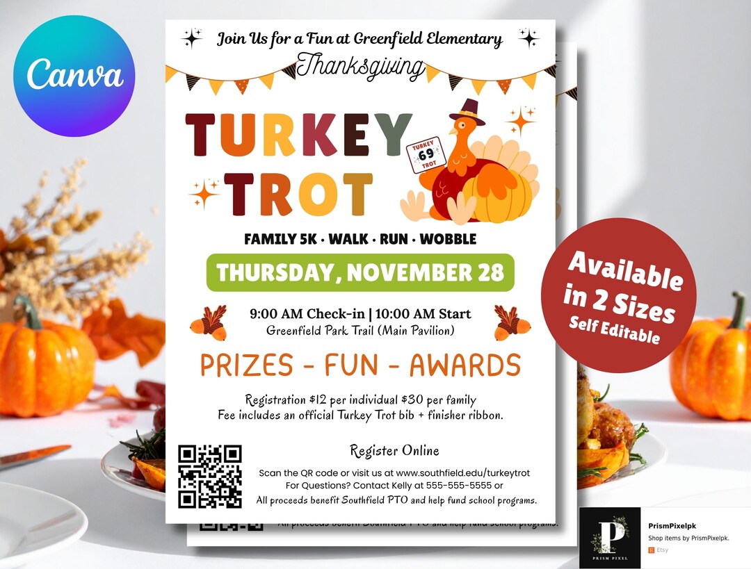 Thanksgiving Turkey Trot Flyer Template, Fun Run Invite (digital ...