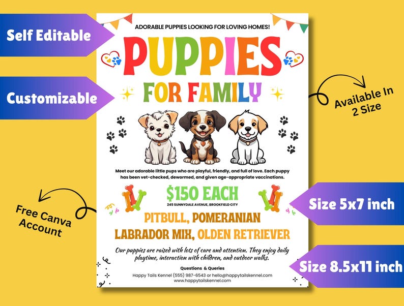 Editable Puppies for Sale Flyer Template, Pet Adoption Poster, Dog ...