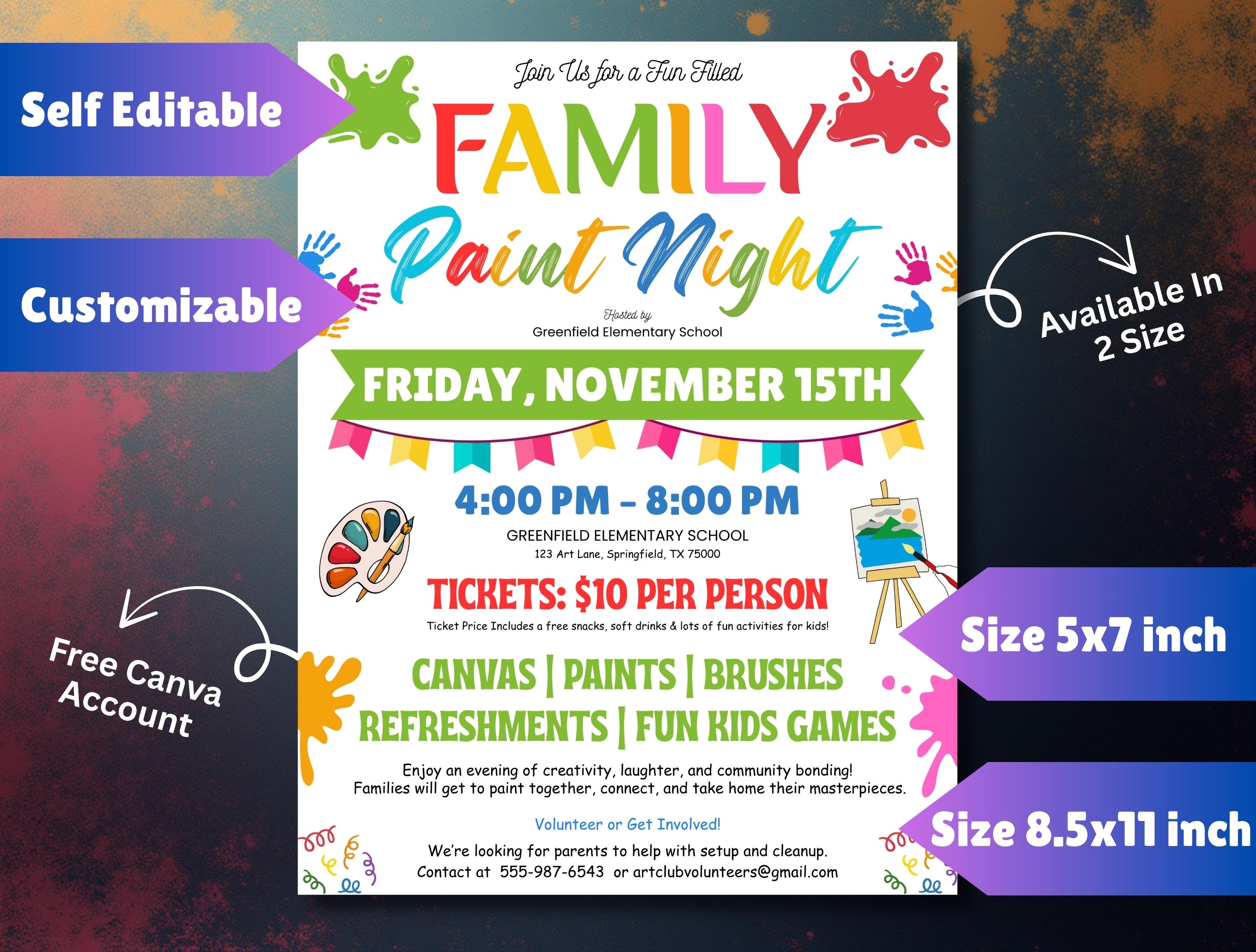 Family Paint Night Flyer Template: School PTA PTO Event (canva Editable ...