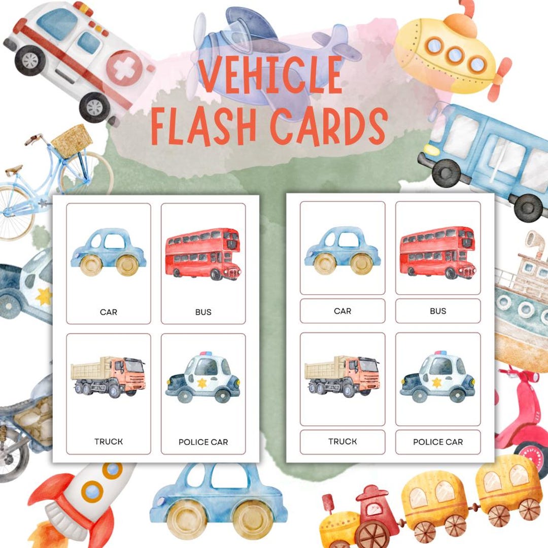 Vehicle Flashcards for Toddlers - Watercolor Cars Trucks Planes ...