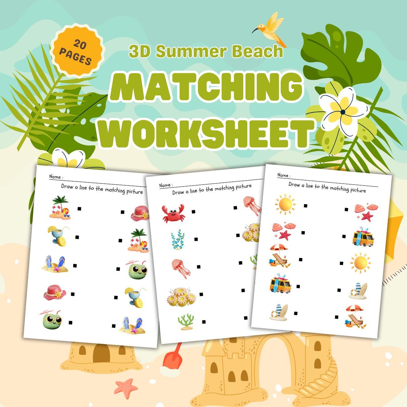 3D Summer Beach Matching Worksheet for Kids | 20 Pages Fun Preschool ...