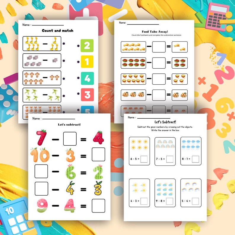 Hojas de trabajo de resta imprimibles: matemáticas visuales para jardín ...