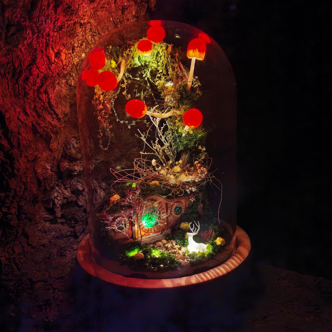 Whimsical Mushroom Lamp With Hobbit House, Deer, Mushroom Tree Night ...