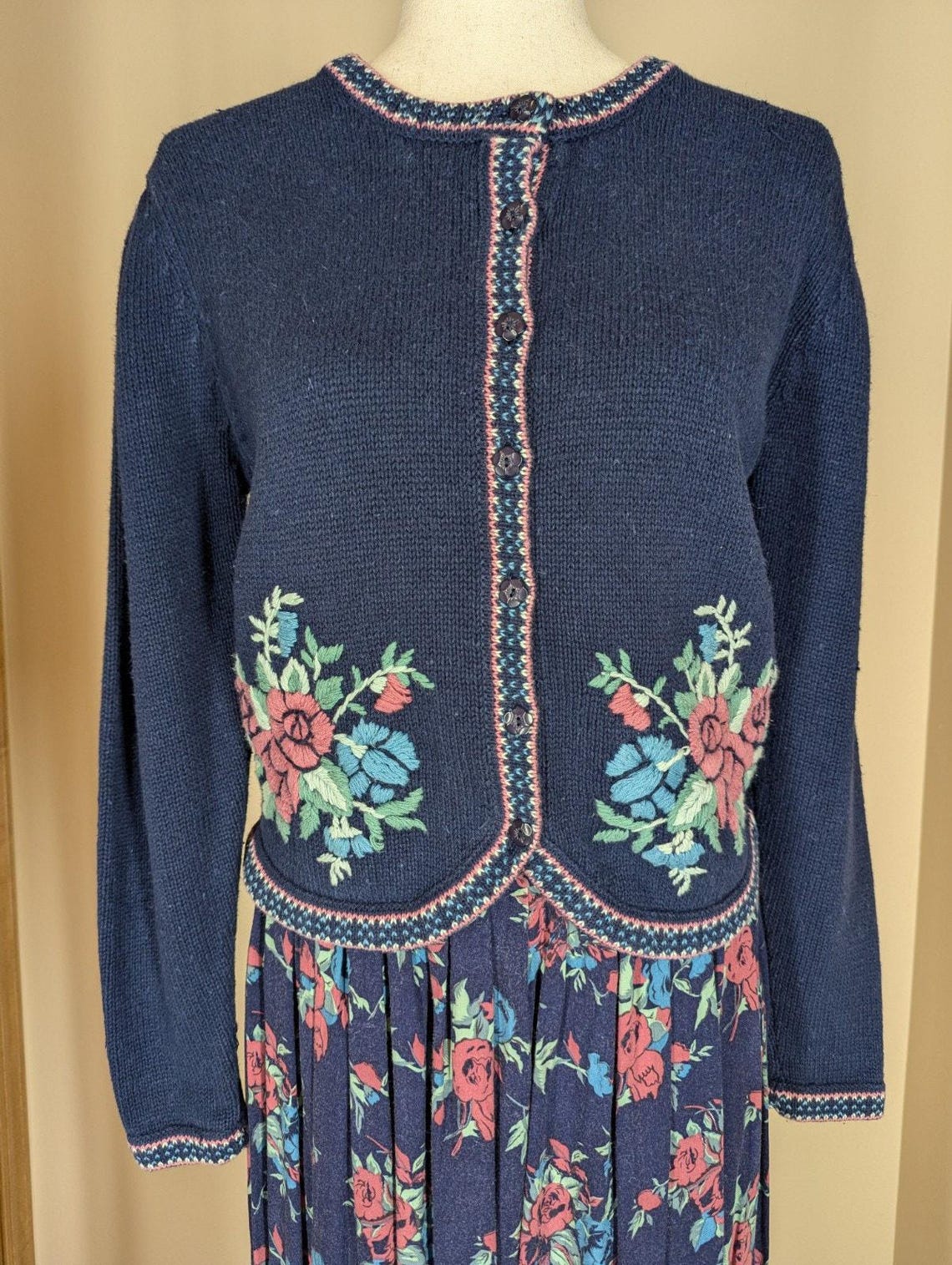 Vintage Ninon De Lenclos Blue and Pink Floral Embroidered Cardigan ...