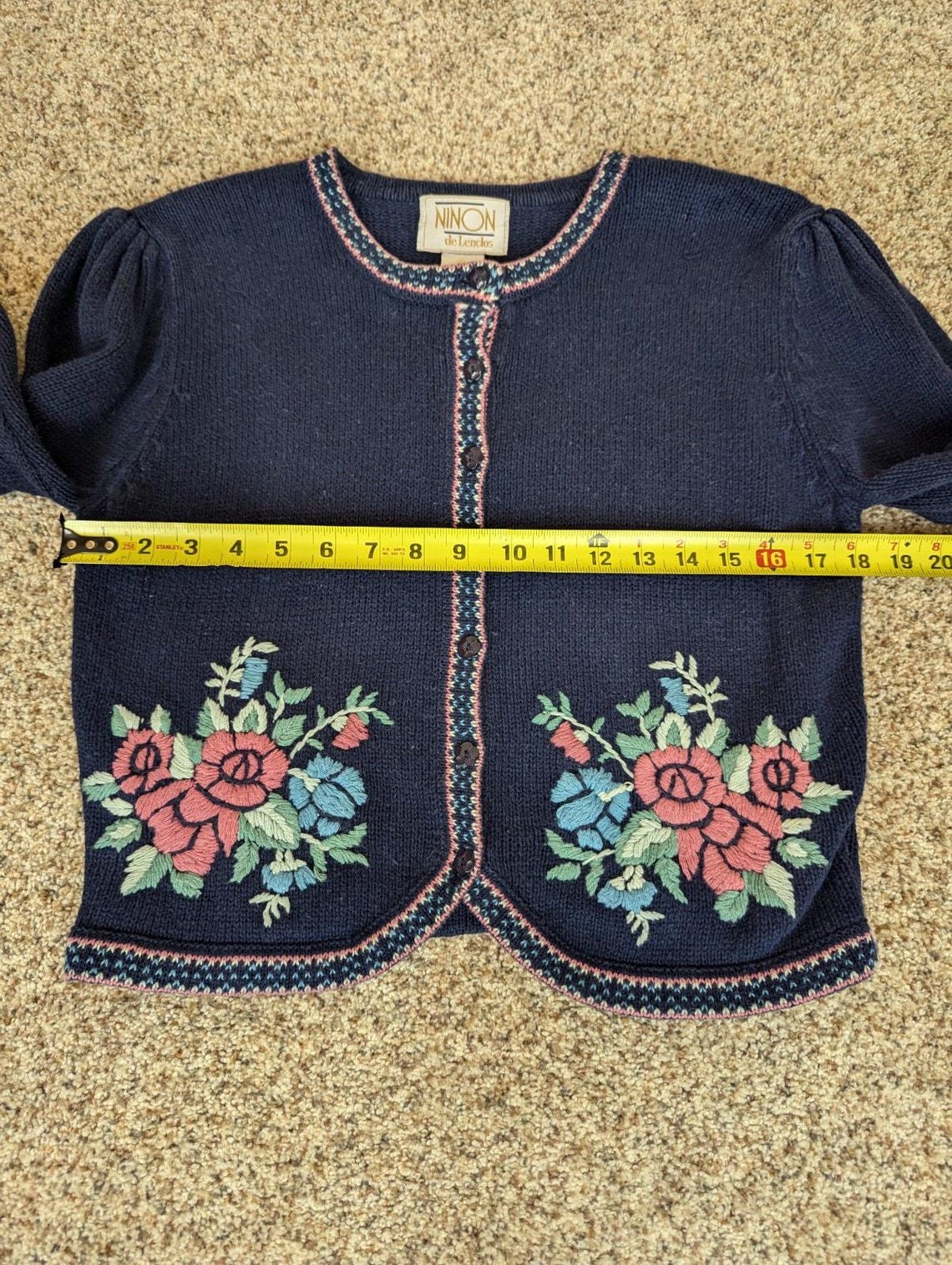 Vintage Ninon De Lenclos Blue and Pink Floral Embroidered Cardigan ...