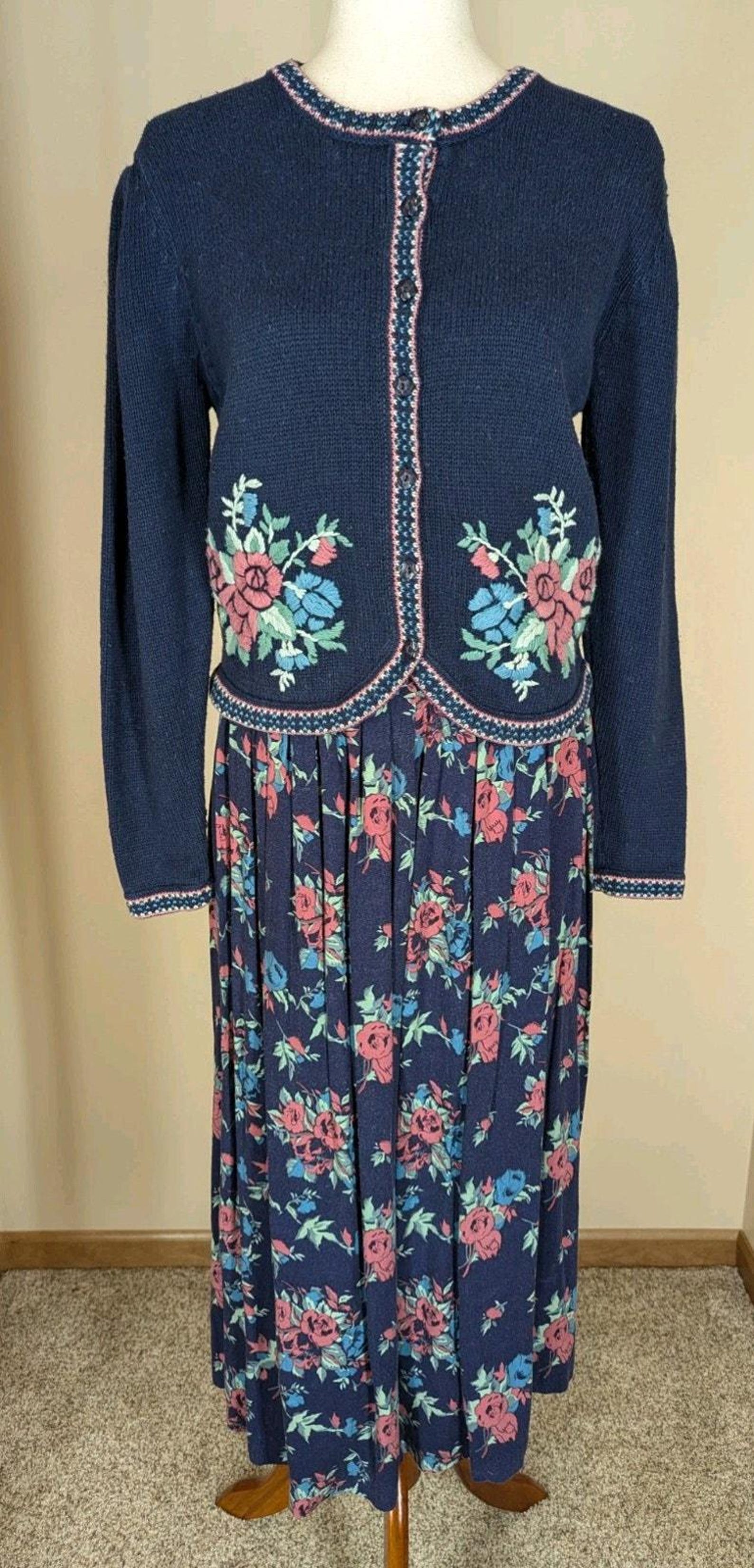 Vintage Ninon De Lenclos Blue and Pink Floral Embroidered Cardigan ...
