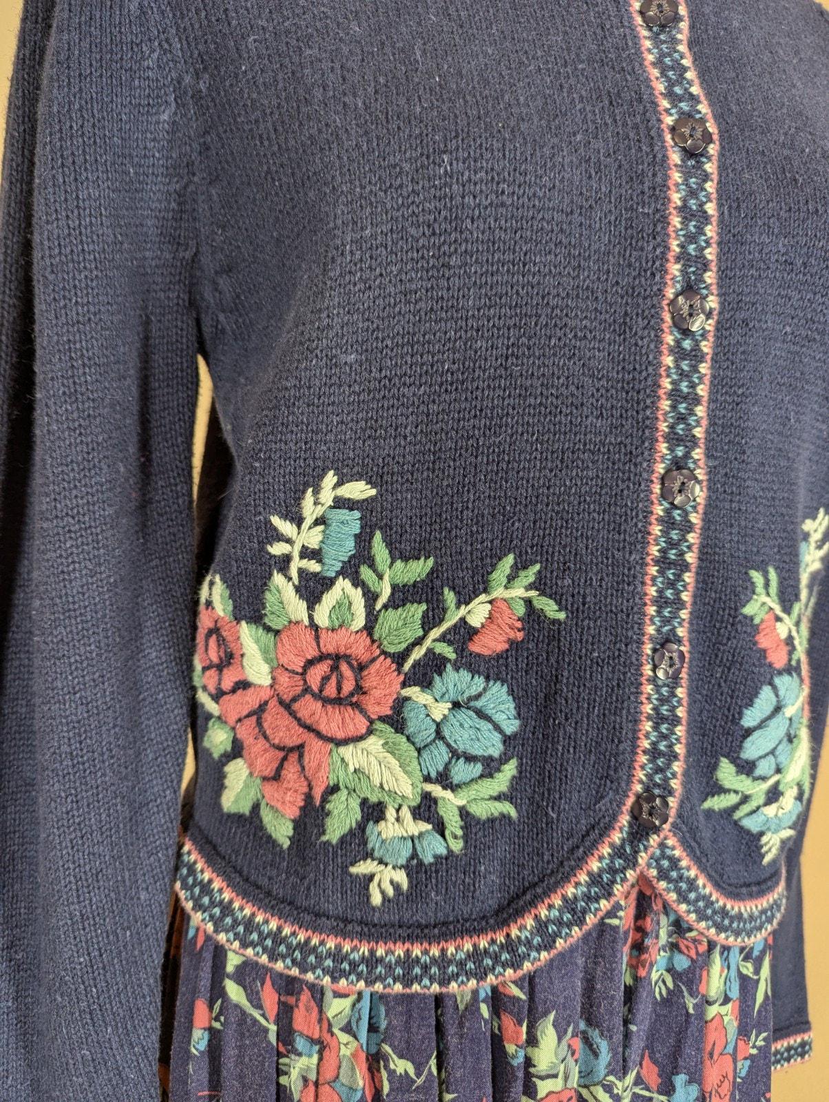 Vintage Ninon De Lenclos Blue and Pink Floral Embroidered Cardigan ...