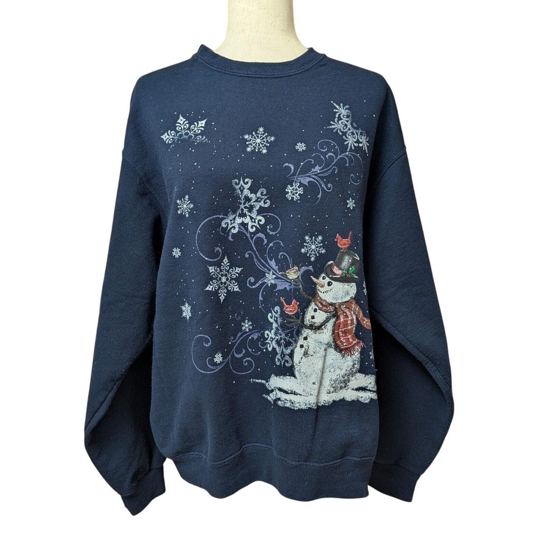 Vintage Jerzees 90s Winter Christmas Snowman Sweatshirt Navy Blue Size ...