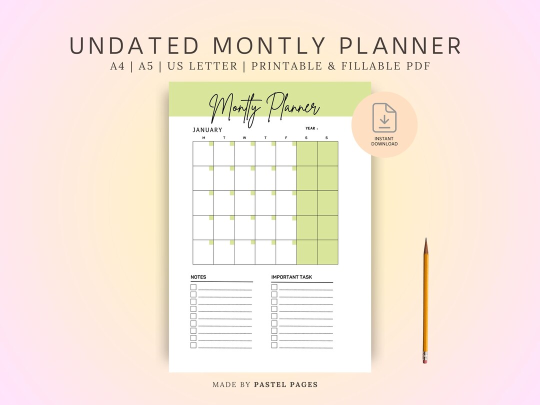 Minimalist Monthly Planner | Printable Planner PDF | Undated Monthly ...