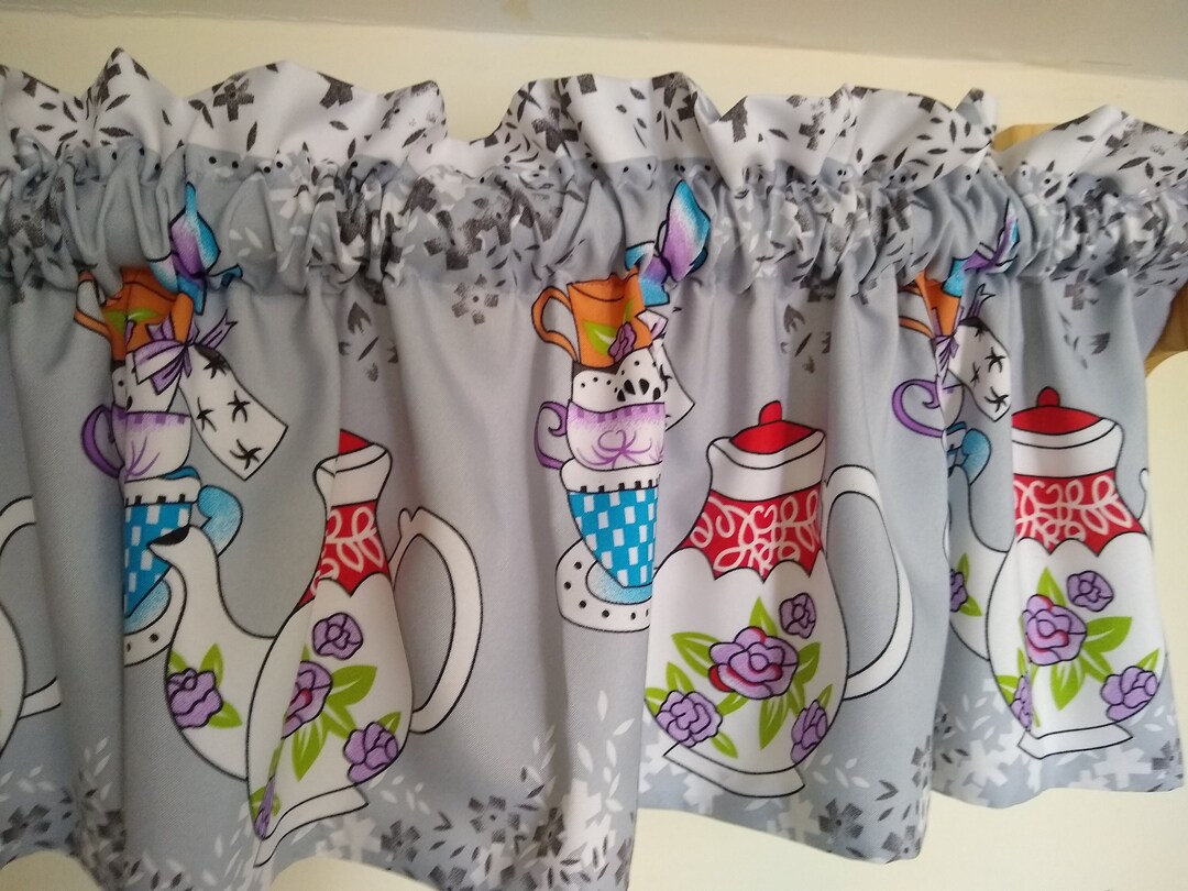 25% CLEARANCE SALE, Gray Kitchen Valance 48x14, Vintage Teapot and ...