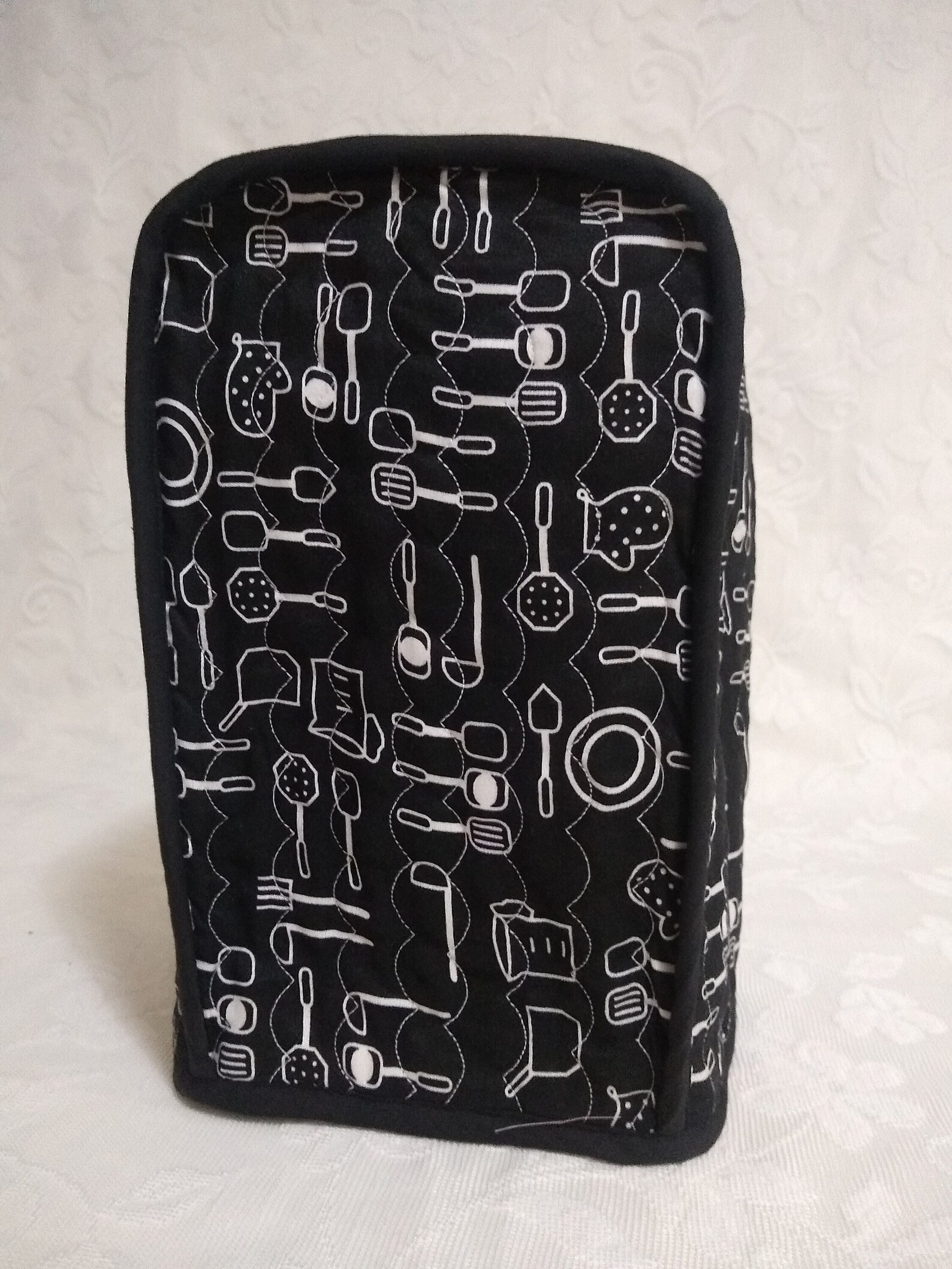 Quilted Can Opener Dust Cover: Black & White Utensils Print Dust Cover ...