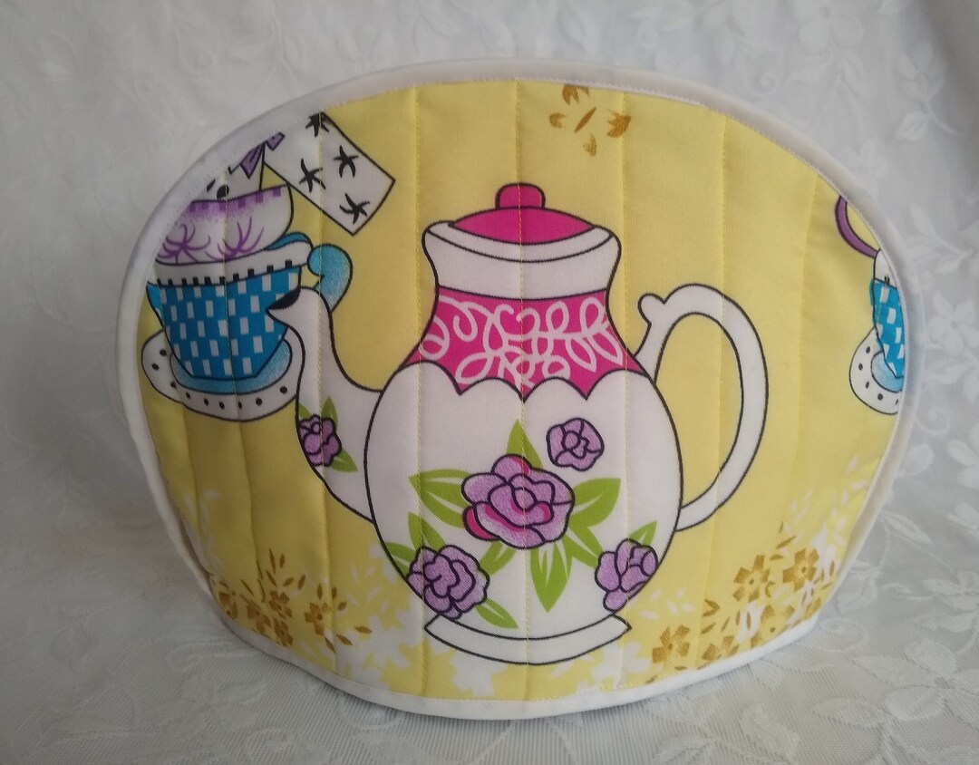 Teapot Cozy, Yellow Tea Cozy With Vintage Style Teapot & Teacups Print ...