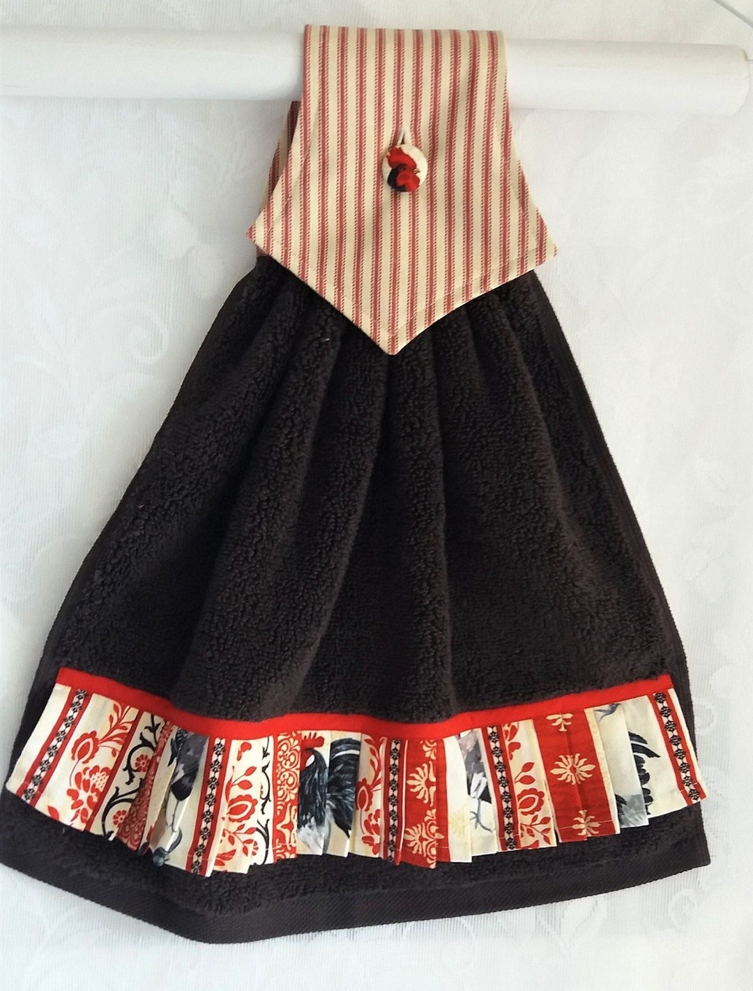 Red Ticking Hanging Kitchen Towel, Red Kitchen Towel, Chickens ...