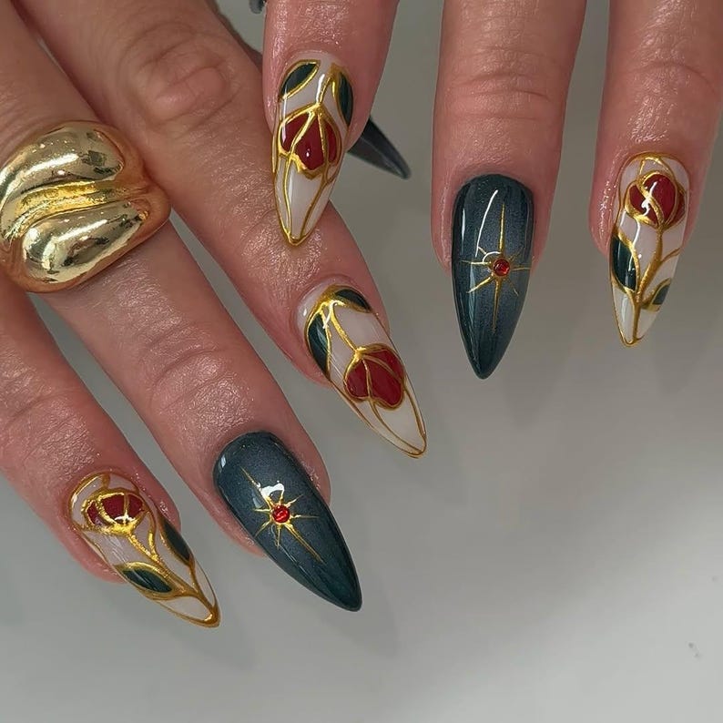 Luxury Stained Glass Press on Nails, Elegant Gold & Emerald Nail Art ...