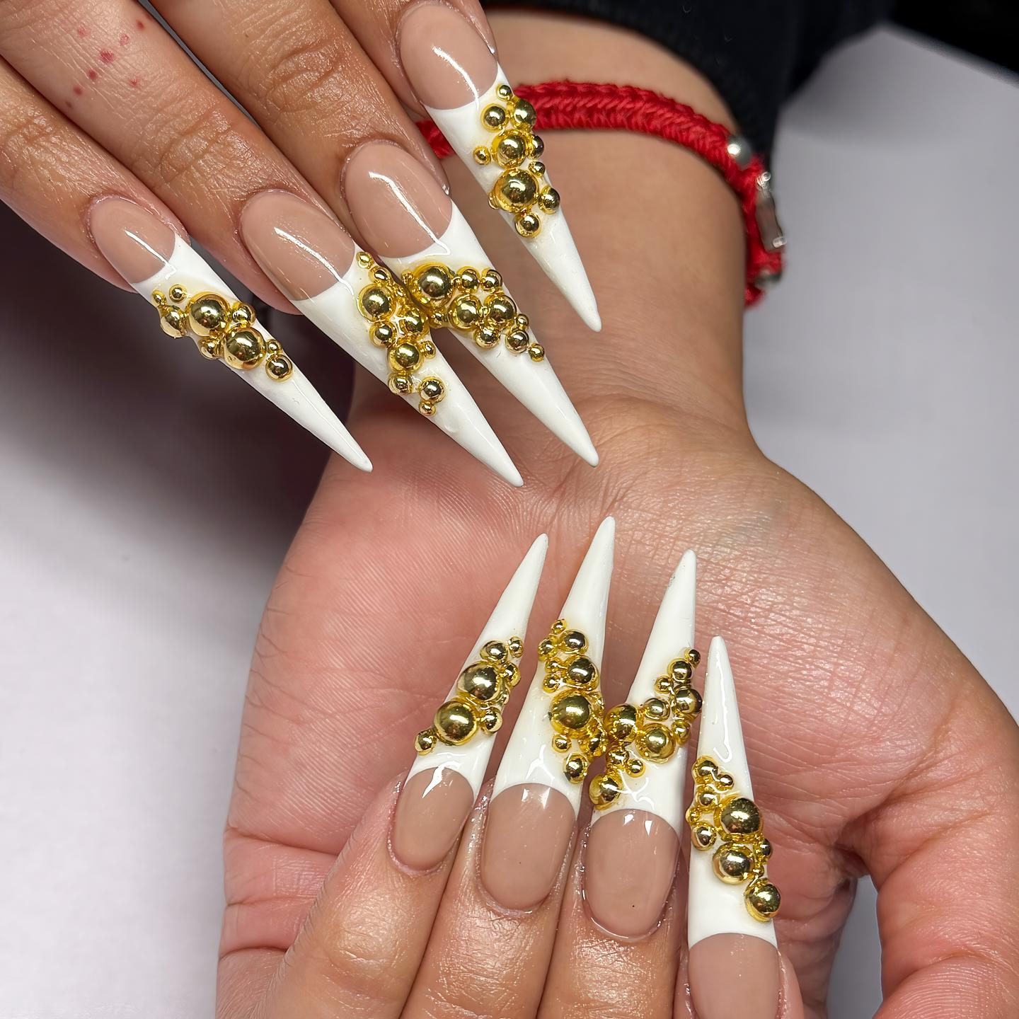 Gold Bubble Stiletto Press on Nails,, Luxury White French Spike Nails ...
