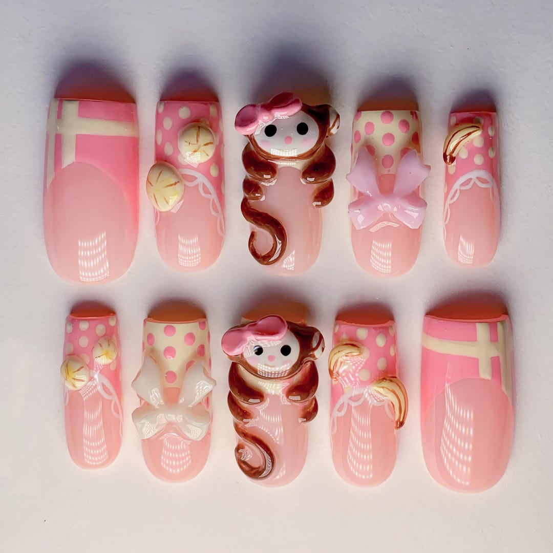 Cute 3D Monkey Press on Nails, Pink Cartoon Nails With Bows & Bananas ...