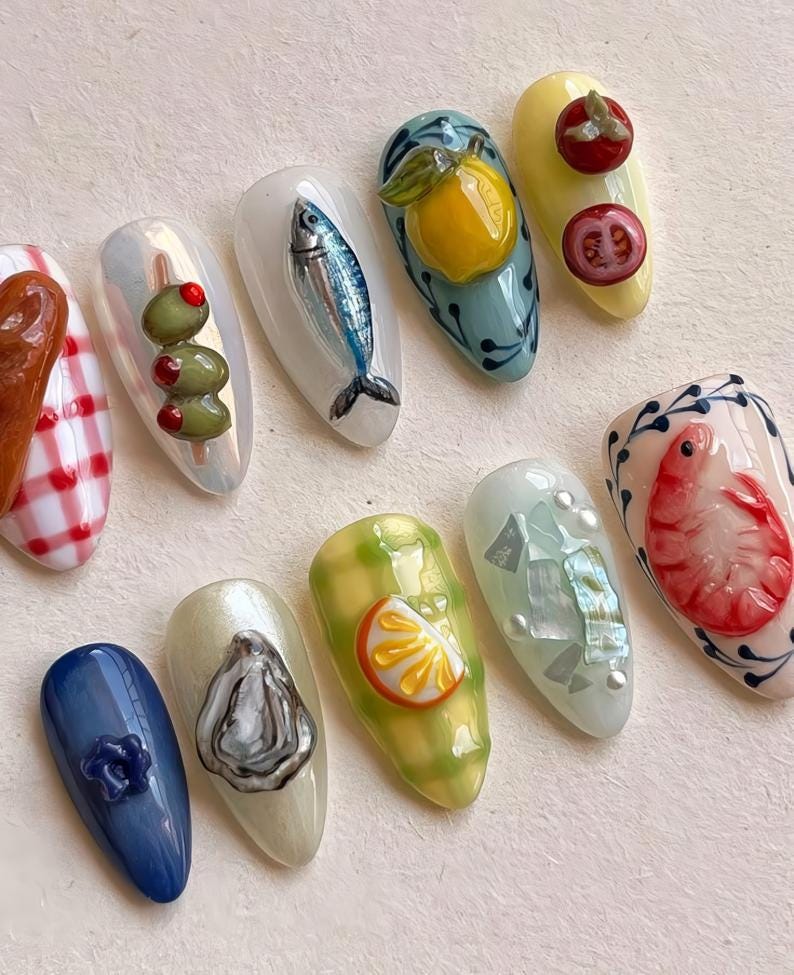 Mediterranean Food Press on Nails, 3D Seafood Bread Olive Nail Art ...