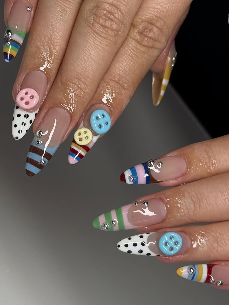 Colorful Button Charm Press on Nails, 3D Pastel Button Nails With ...