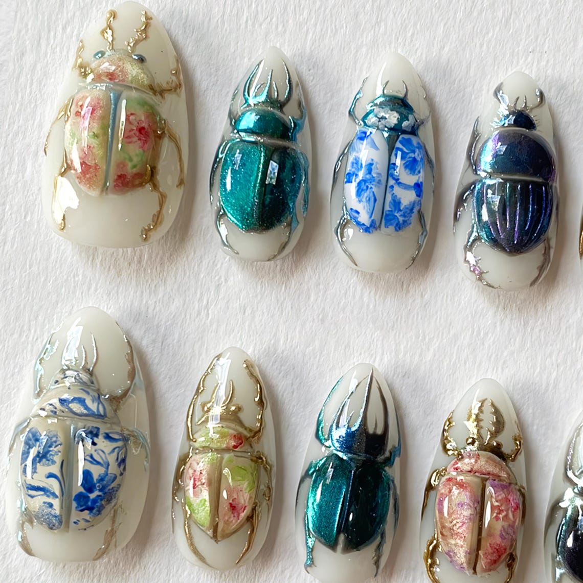 3D Scarab Beetle Press on Nails, Handmade False Nails With Vintage ...