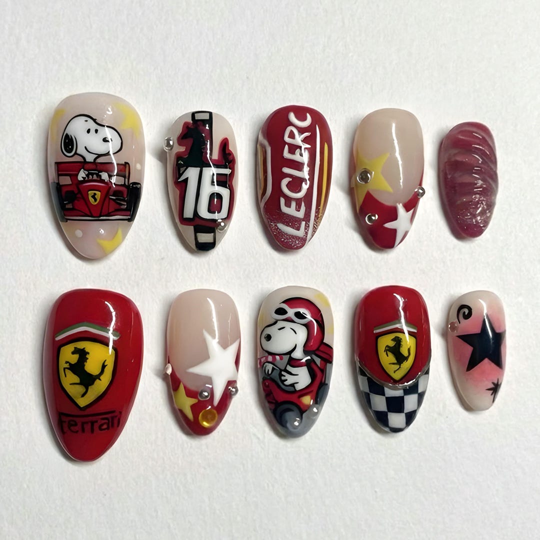 F1 Racing Inspired Press on Nails, Snoopy Racing Nails, Red Motorsport ...