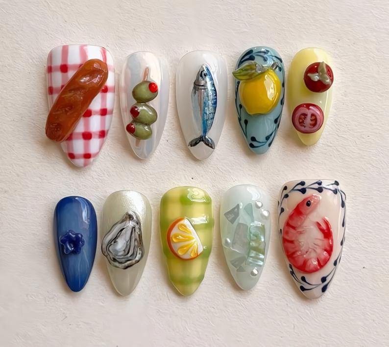 Mediterranean Food Press on Nails, 3D Seafood Bread Olive Nail Art ...