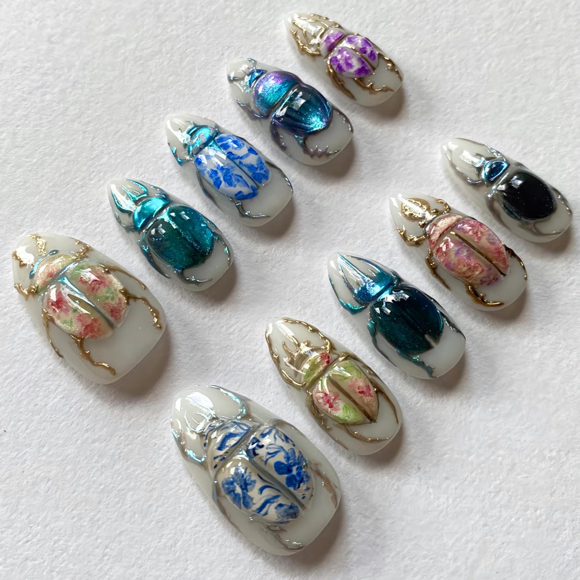 3D Scarab Beetle Press on Nails, Handmade False Nails With Vintage ...