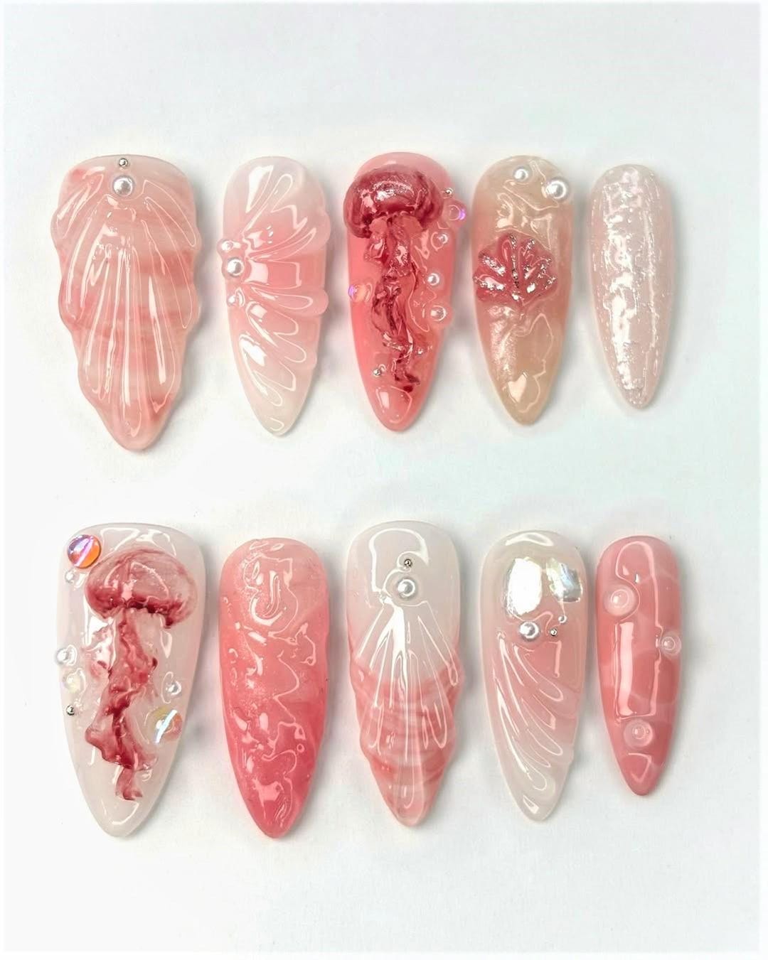 Pink Ocean Press on Nails, 3D Jellyfish & Seashell Nail Art, Pink ...