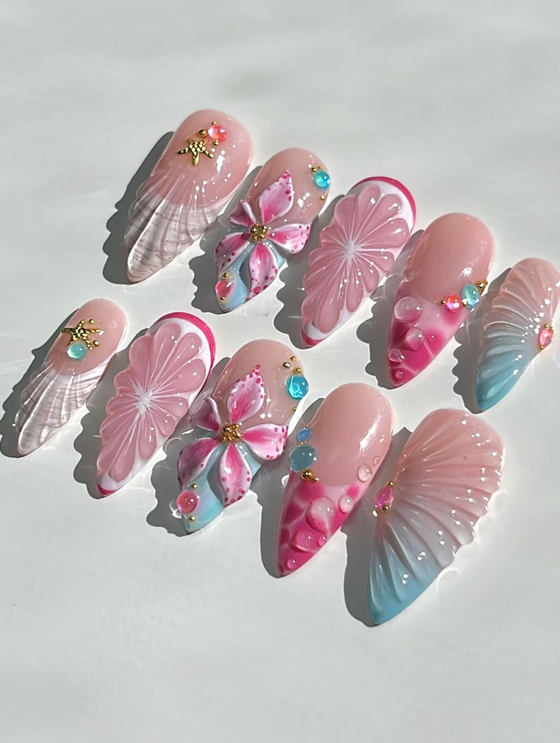Mermaidcore Press on Nails, 3D Seashell and Tropical Flower Nails, Pink ...
