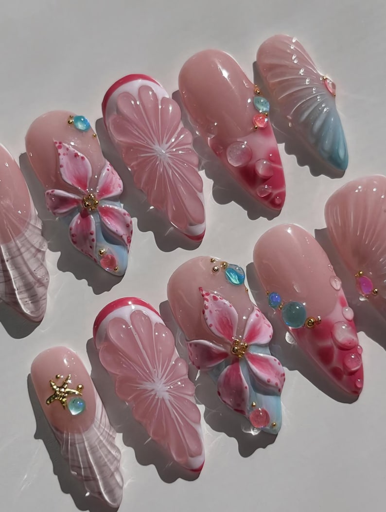 Mermaidcore Press on Nails, 3D Seashell and Tropical Flower Nails, Pink ...