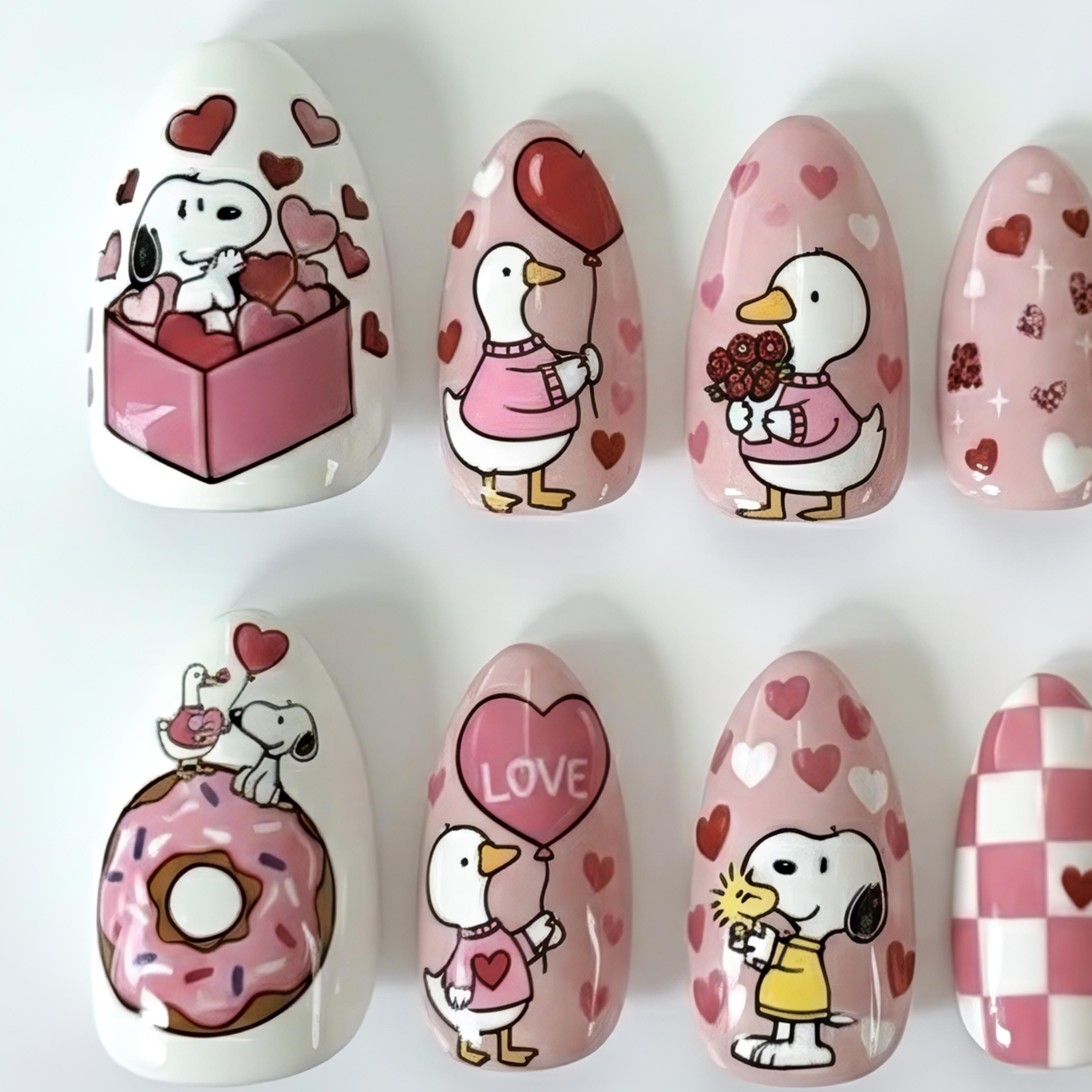 Snoopy Valentine Press on Nails, Cute Cartoon Love Nails With Goose ...