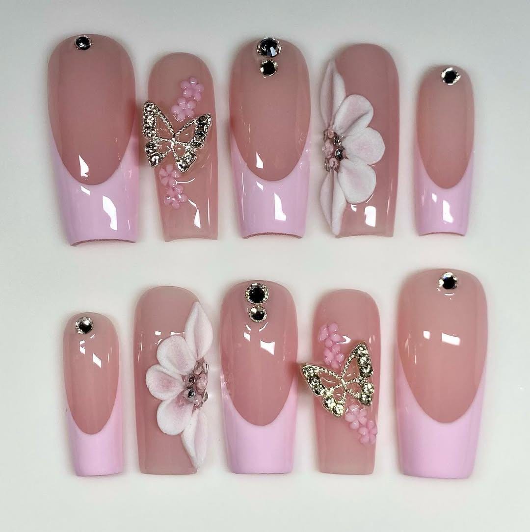 Pink Press on Nails With 3D Flowers and Butterfly Charms, Cute Girly ...