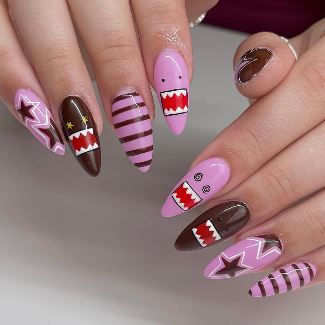 Kawaii Pink Monster Press on Nails, Domo Character Nail Art, Pink ...