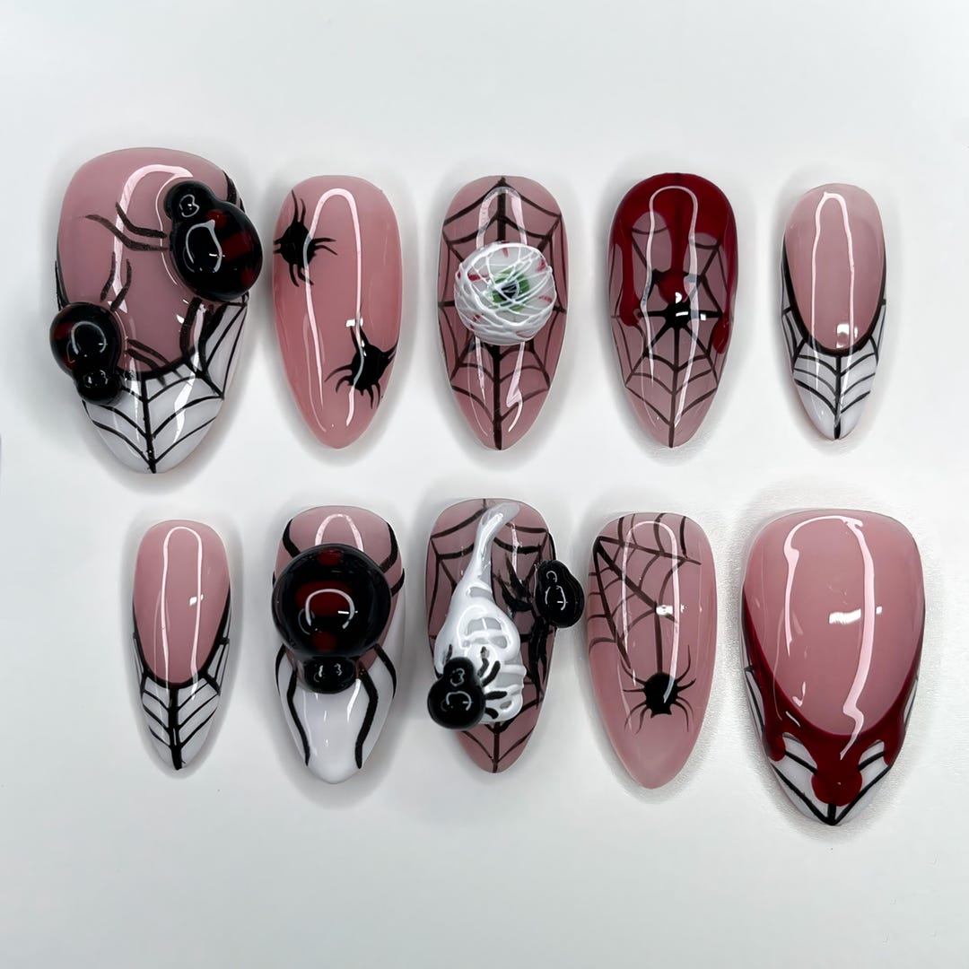 Halloween Spider Web Press on Nails, Fake Nails With 3D Spiders, Blood ...