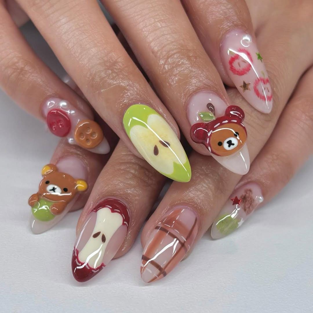 Rilakkuma and Apple-themed Press on Nails, Cute 3D Handmade Nail Art ...
