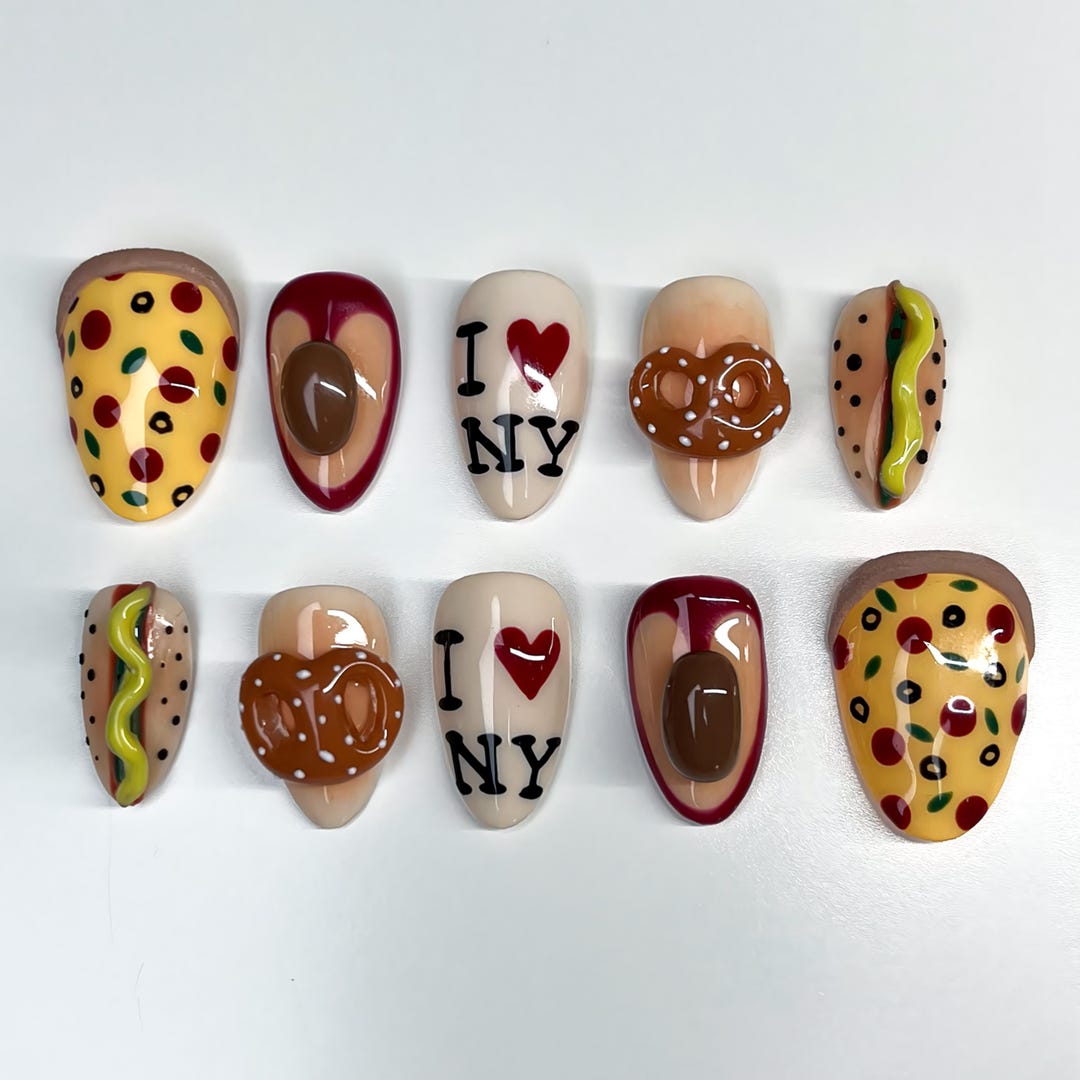 NYC Inspired Press on Nails, New York Street Food Nails With Pizza ...