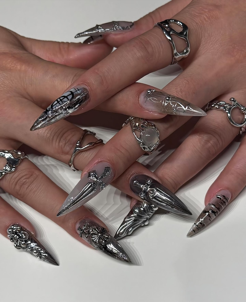 Gothic Press on Nails With Silver Sword 3D Charms, Dark Medieval Knight ...